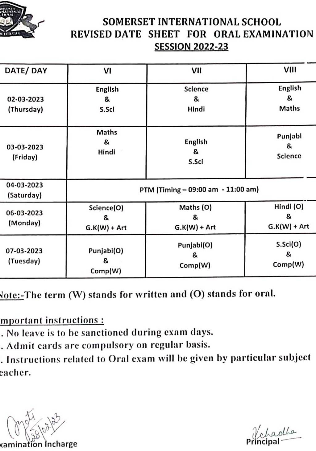 SOMERSET INTERNATIONAL SCHOOL REVISED DATE SHEET FOR ORAL EXAMINATION SES..