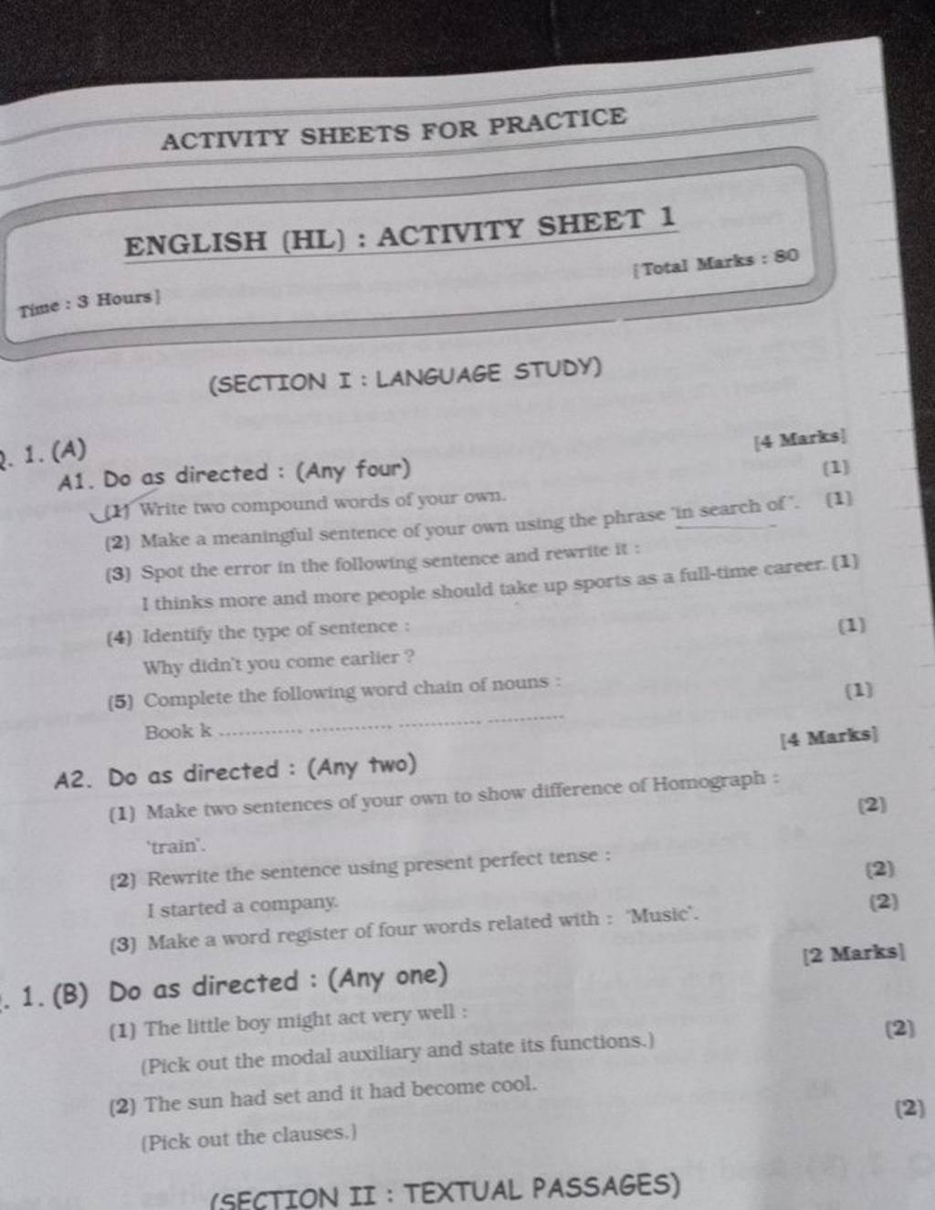 ACTIVITY SHEETS FOR PRACTICE ENGLISH (HL) : ACTIVITY SHEET 1 ITotal Marks..