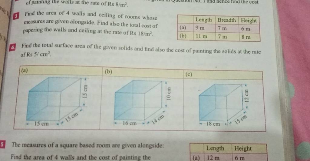3 Find the area of 4 walls and ceiling of rooms whose measures are given