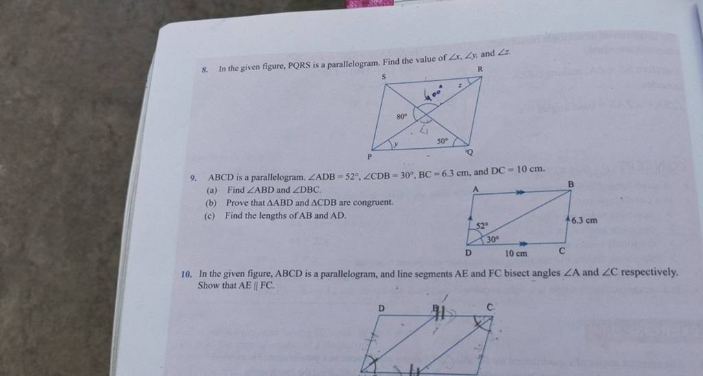 8. In the given figure, PQRS is a parallelogram. Find the value of ∠x,∠y,..