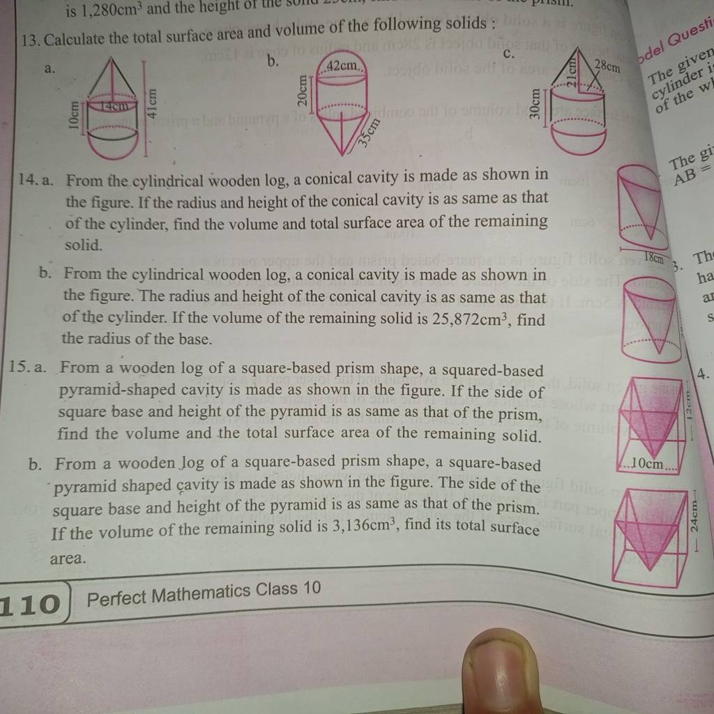 13. Calculate the total surface area and volume of the following solids