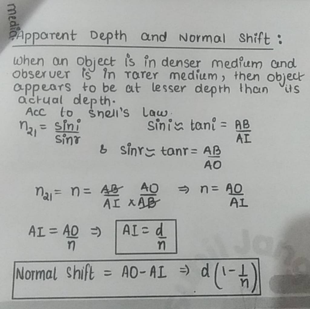 Apparent Depth and Normal Shift: when an object is in denser medium and o..