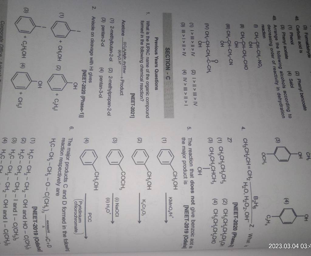 (II) (III) 4. CH3 CH2 CH=CH2 H2 O,H2 O2 ,OH−B2 H6 Z. What in [NEET-2020.. (II) (III) 4. CH3 CH2 CH=CH2 H2 O,H2 O2 ,OH−B2 H6 Z. What in [NEET-2020..