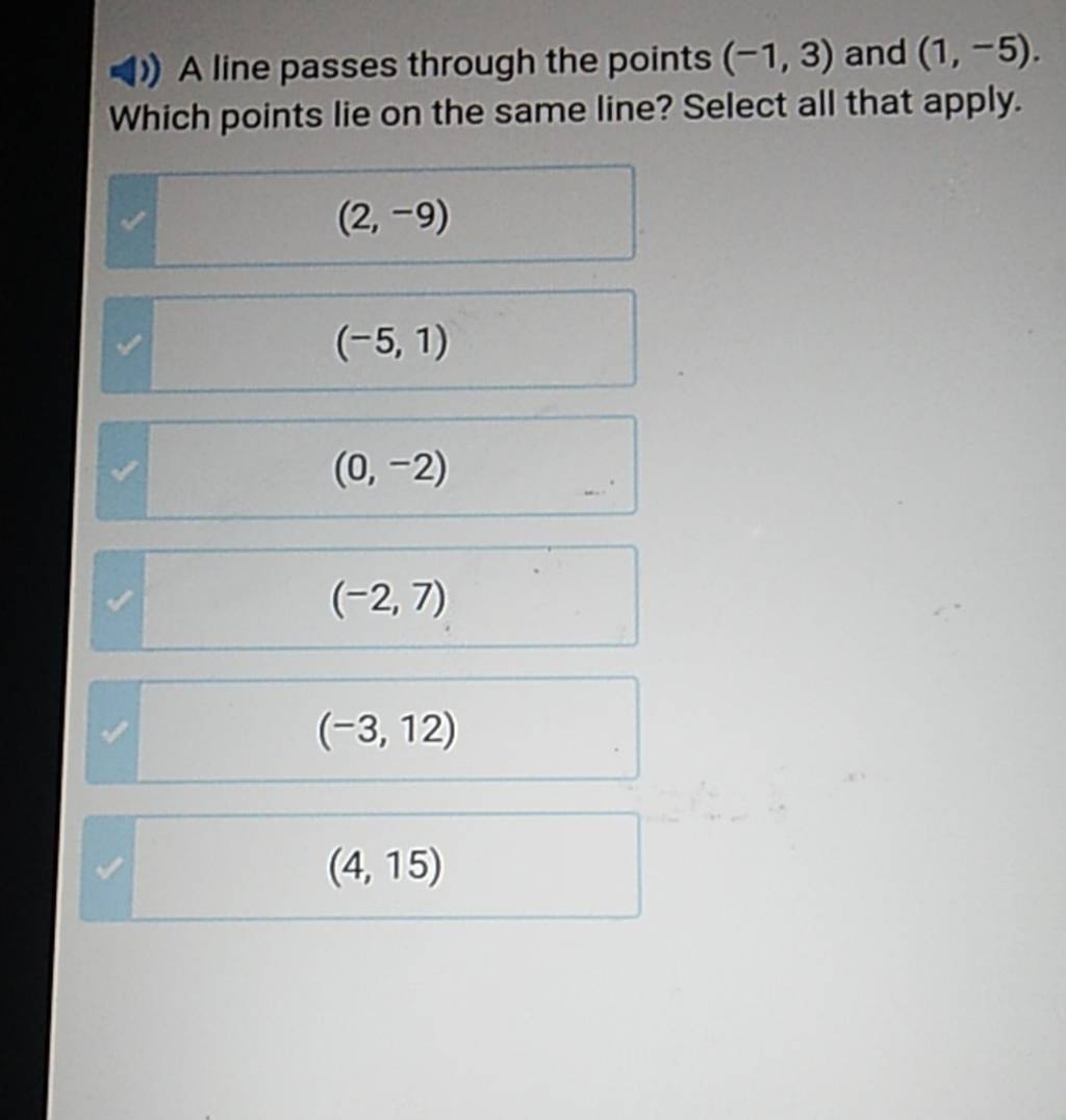 1) A line passes through the points (−1,3) and (1,−5). Which points lie o..
