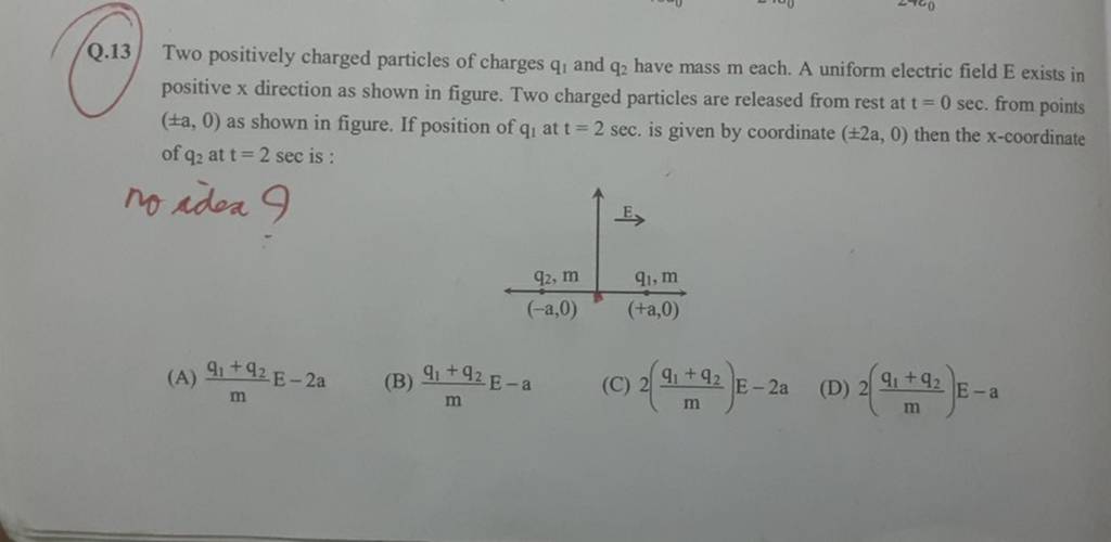 Q.13 Two positively charged particles of charges q1 and q2 have mass m