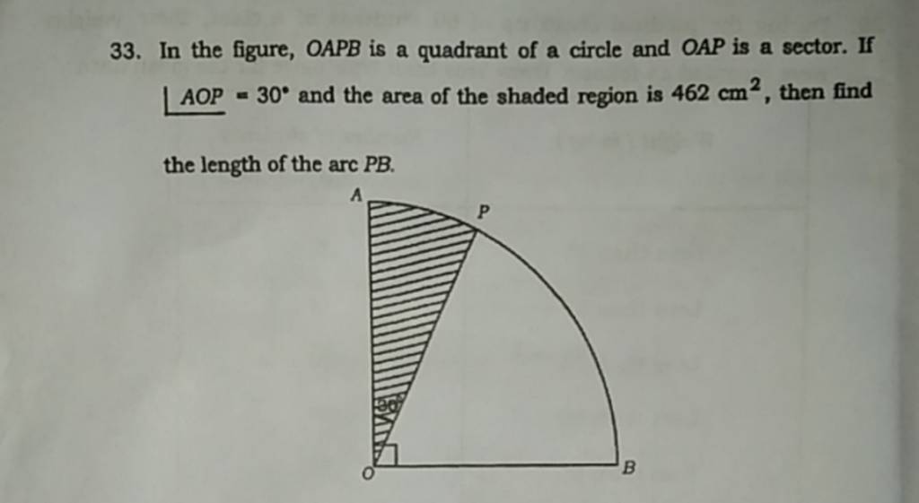 33. In the figure, OAPB is a quadrant of a circle and OAP is a sector. If..