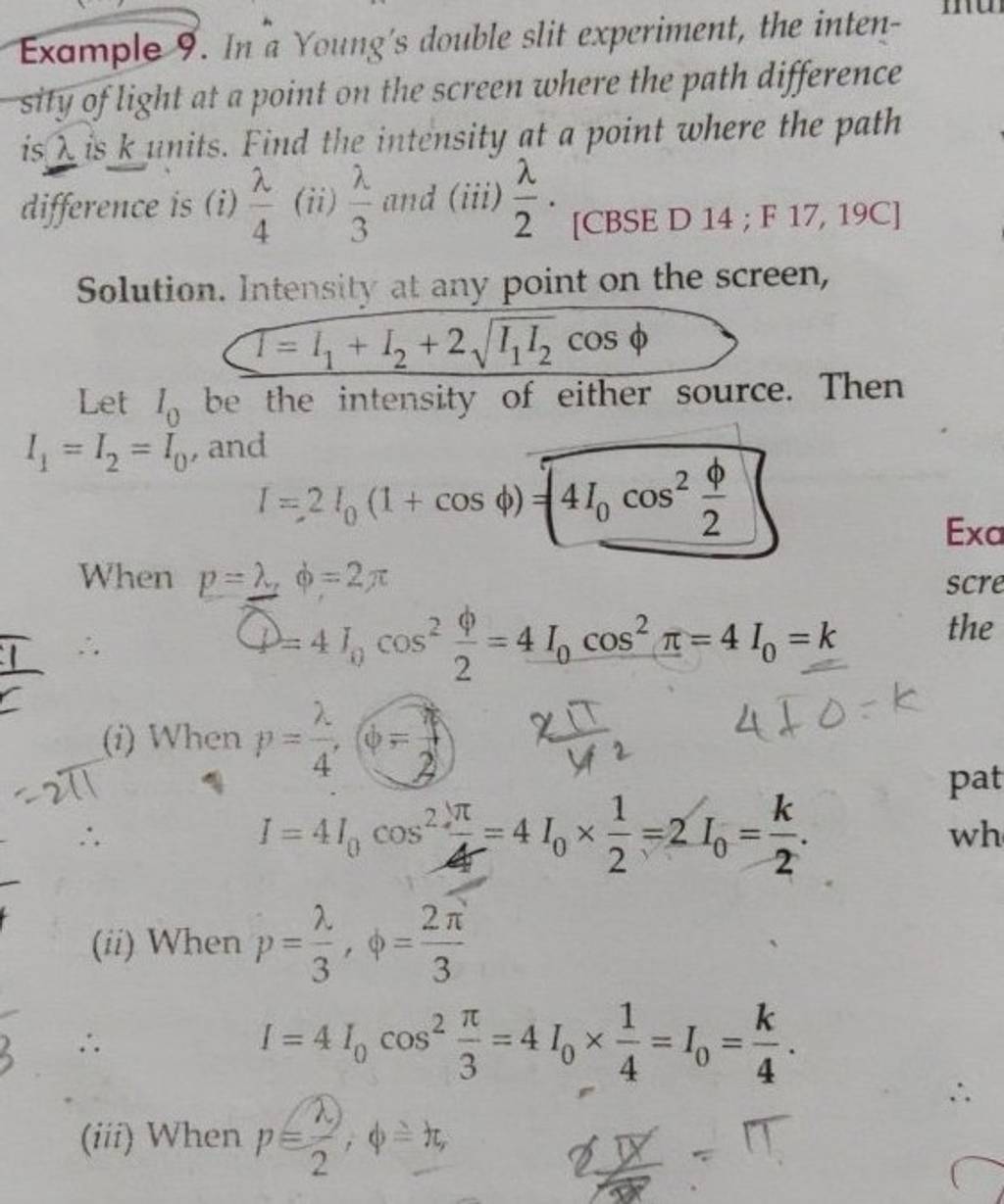 Example 9. In a Young's double slit experiment, the intensity of light at..