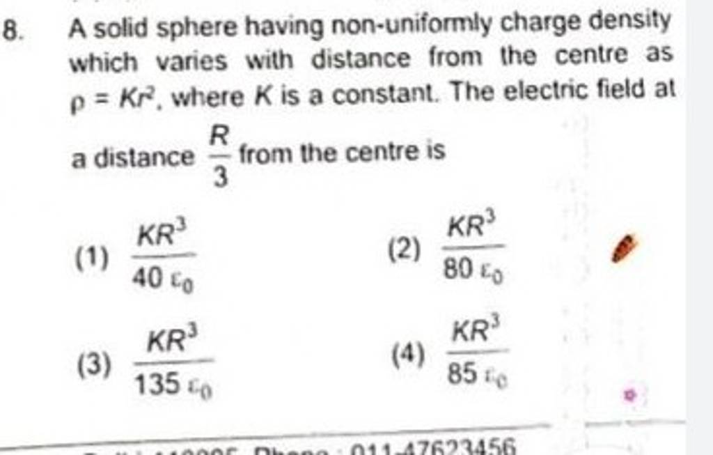 A solid sphere having non-uniformly charge density which varies with dist..