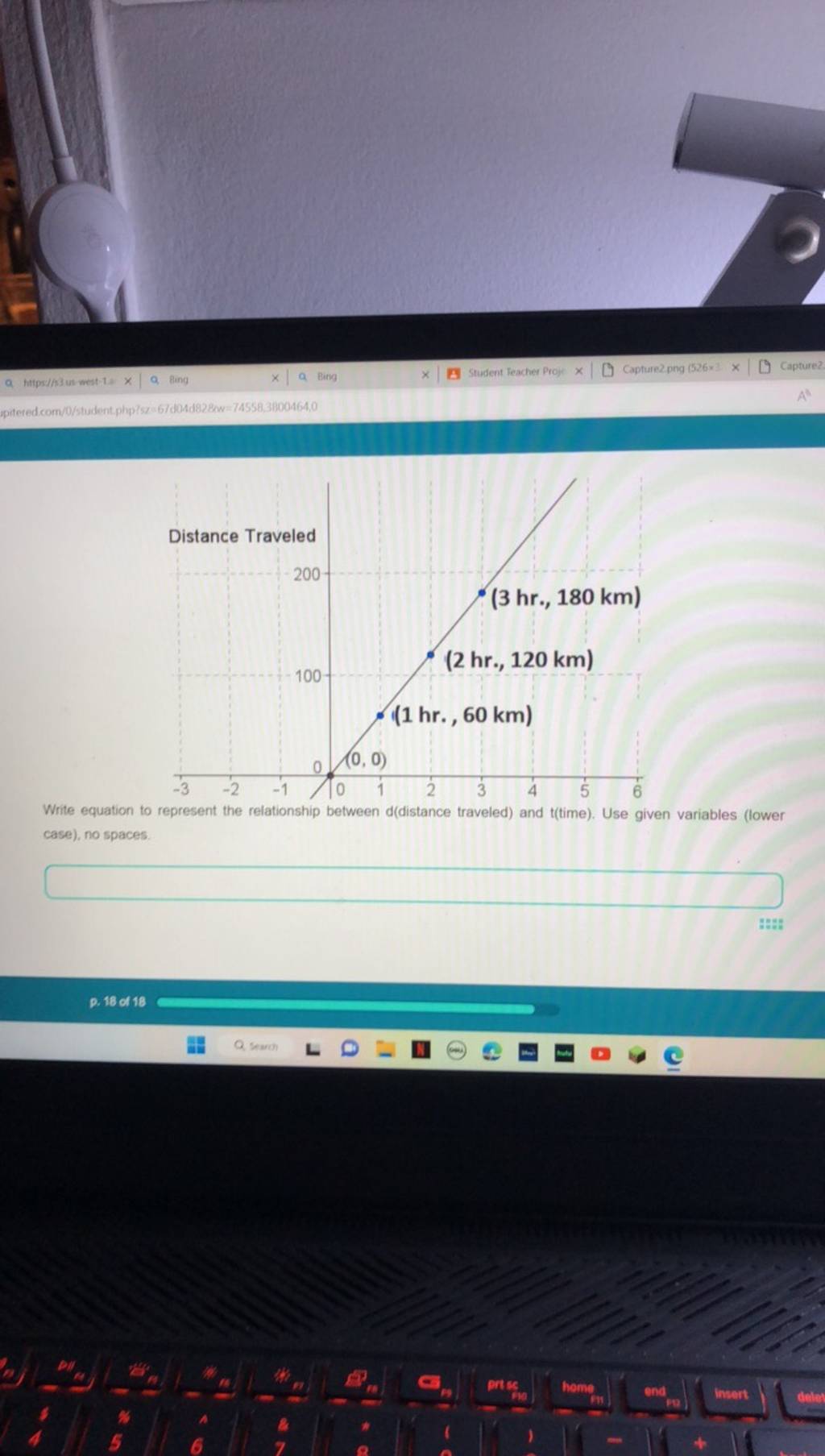 Write equation to represent the relationship between d(distance traveled)..