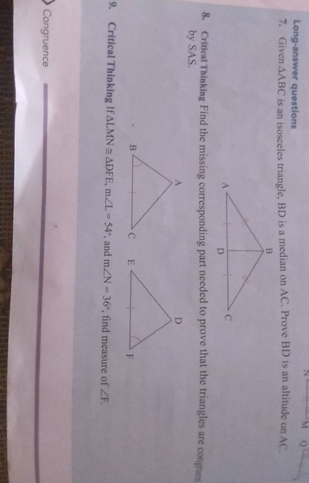 Long-answer questions 7. Given ABC is an isosceles triangle, BD is a med..