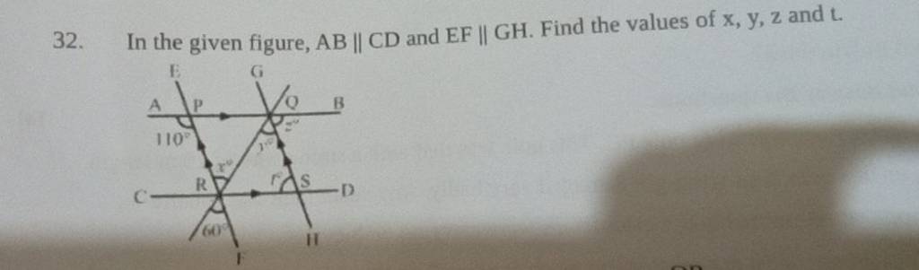 32. In the given figure, AB∥CD and EF∥GH. Find the values of x,y,z and t...