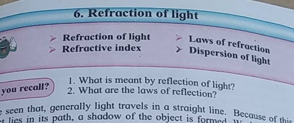 6. Refraction of light Refraction of light Refractive index Laws of refra..