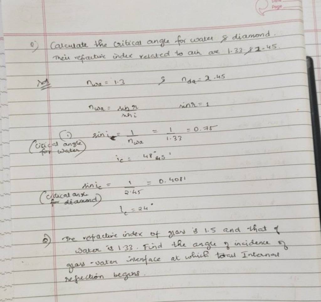 Q Calculate The Critical Angle For Water 8 Diamond Their Refacture Inde