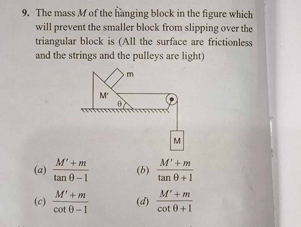 The mass M of the hànging block in the figure which will prevent the smal..