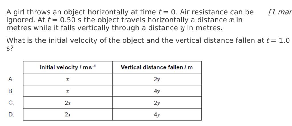 A girl throws an object horizontally at time t=0. Air resistance can be