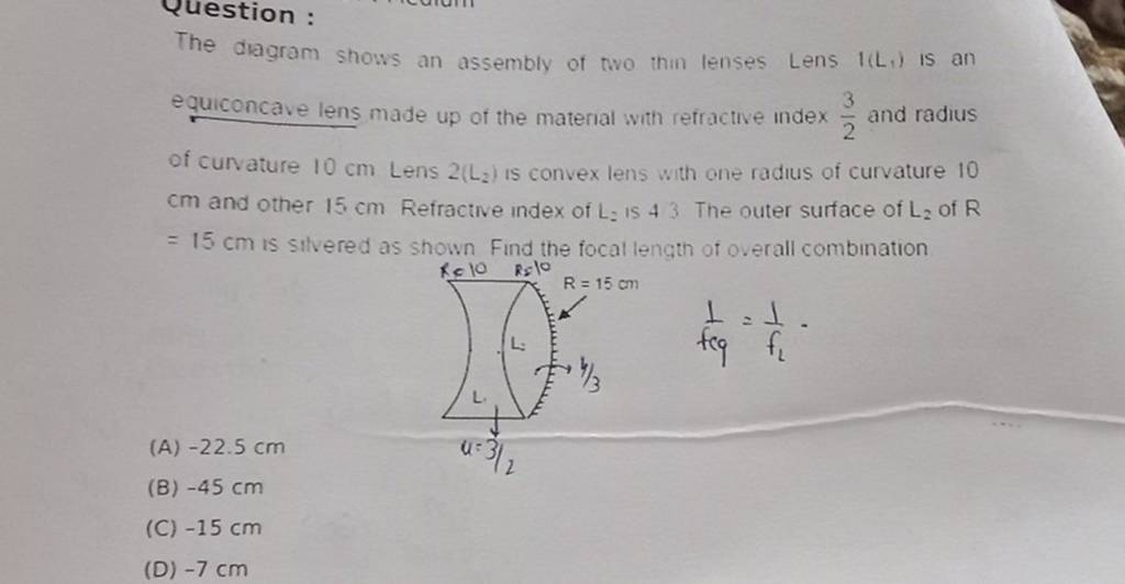 The diagram shows an assembly of two thin lenses Lens I(L1 ) is an equico.. The diagram shows an assembly of two thin lenses Lens I(L1 ) is an equico..