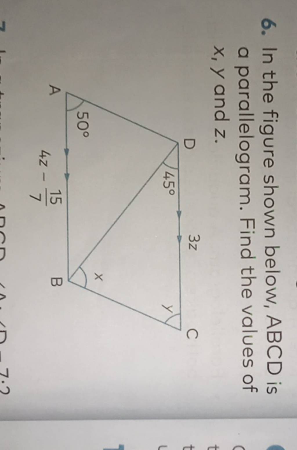 6. In the figure shown below, ABCD is a parallelogram. Find the values of..