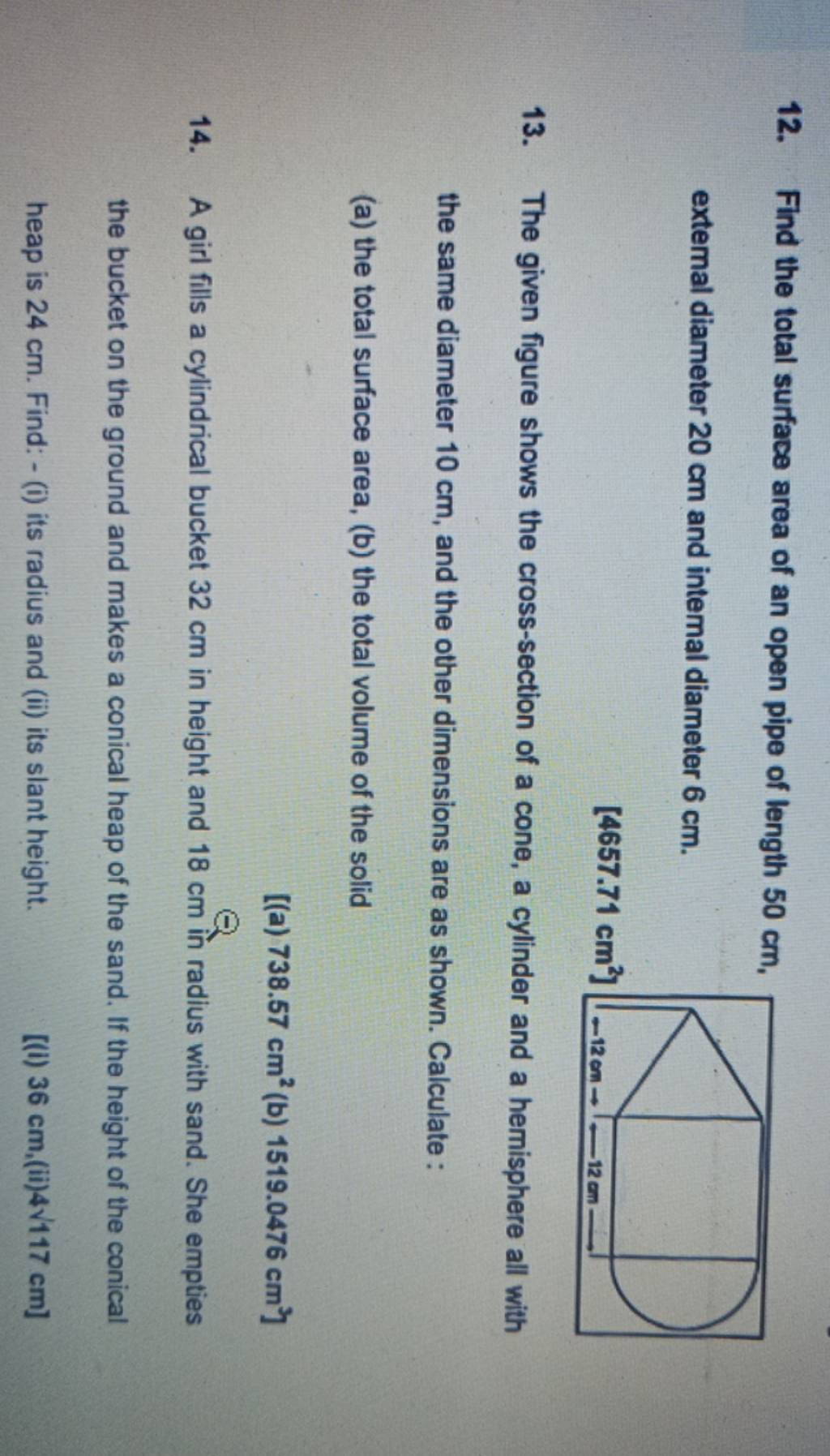 12. Find the total surface area of an open pipe of length 50 cm, extemal