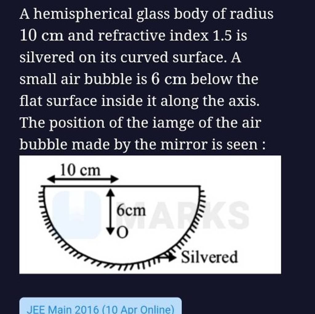 A hemispherical glass body of radius 10 cm and refractive index 1.5 is si..