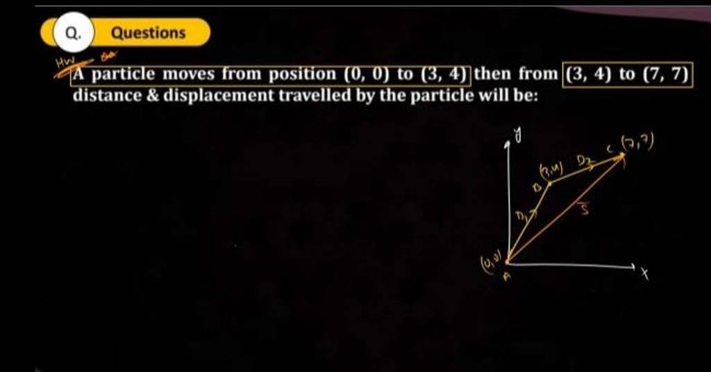 Q. Questions A particle moves from position (0,0) to (3,4) then from (3,4..