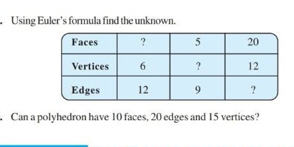Using Euler's formula find the unknown. Faces?520Vertices6?12Edges129? Ca..