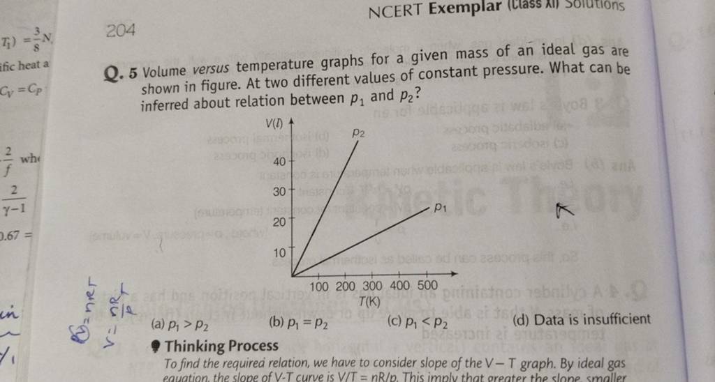 T1 )=83 N Q. 5 Volume versus temperature graphs for a given mass of an id..