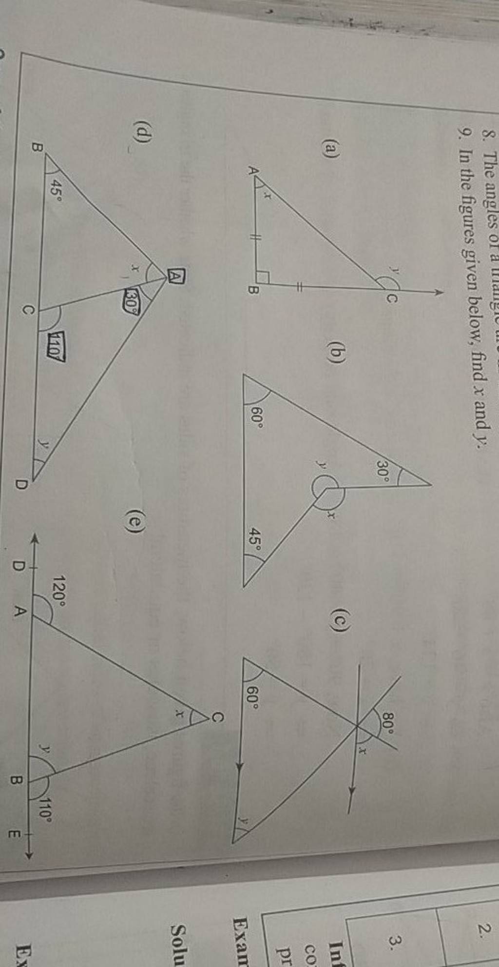 9. In the figures given below, find x and y. (a) (b) (c) Solu (d) (e)..