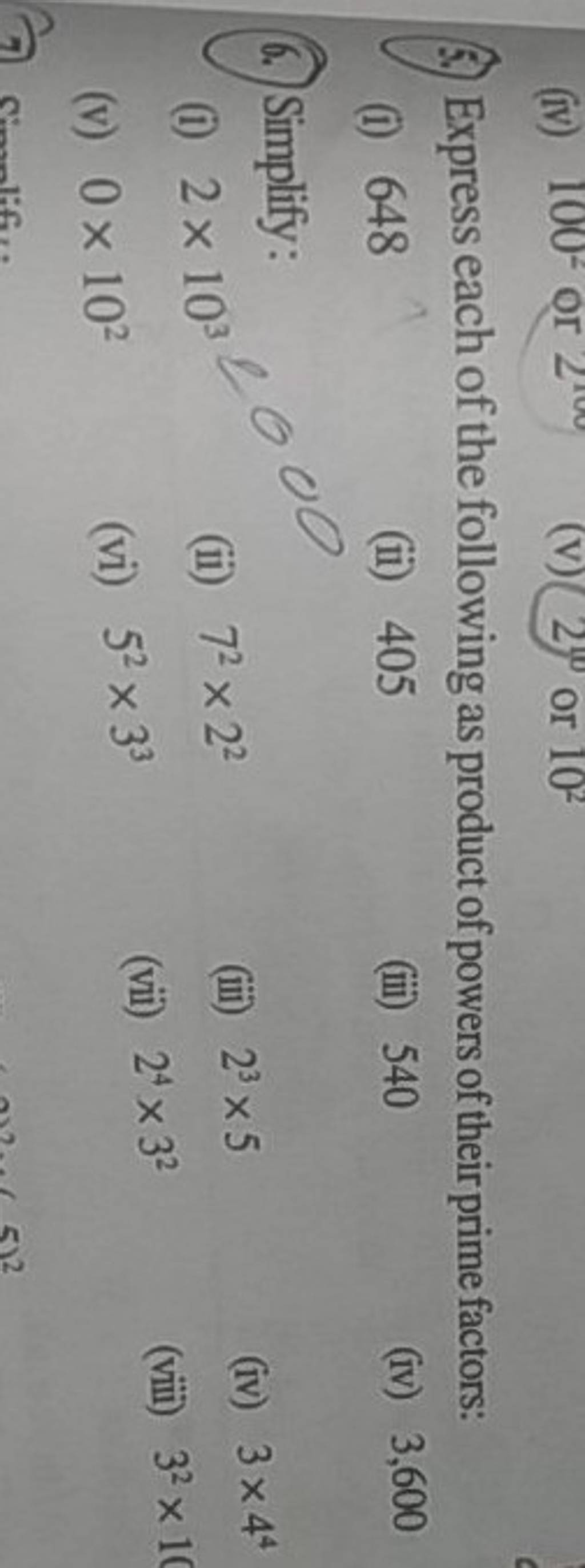 5. Express each of the following as product of powers of their prime fact..