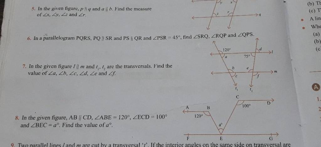 5. In the given figure, p∥q and a∥b. Find the measure of ∠x,∠y,∠z and ∠r...
