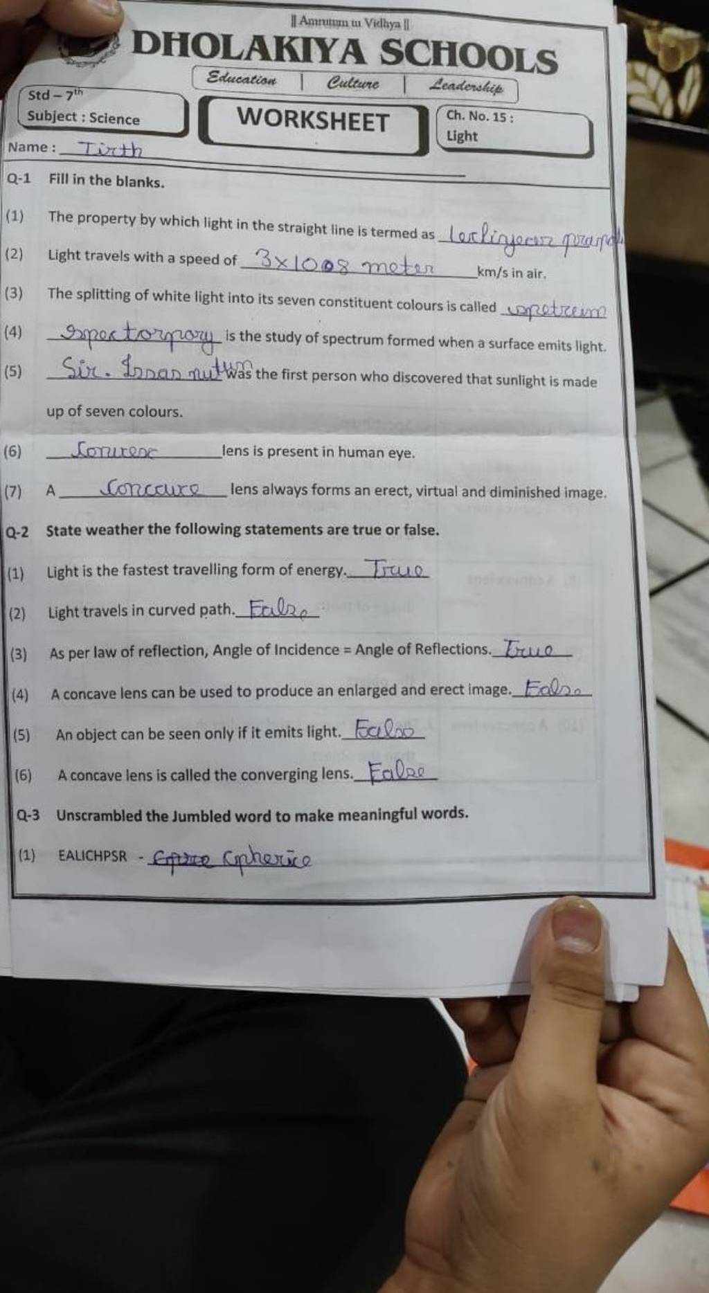 A Conceve lens always forms an erect, virtual and diminished image. Q-2