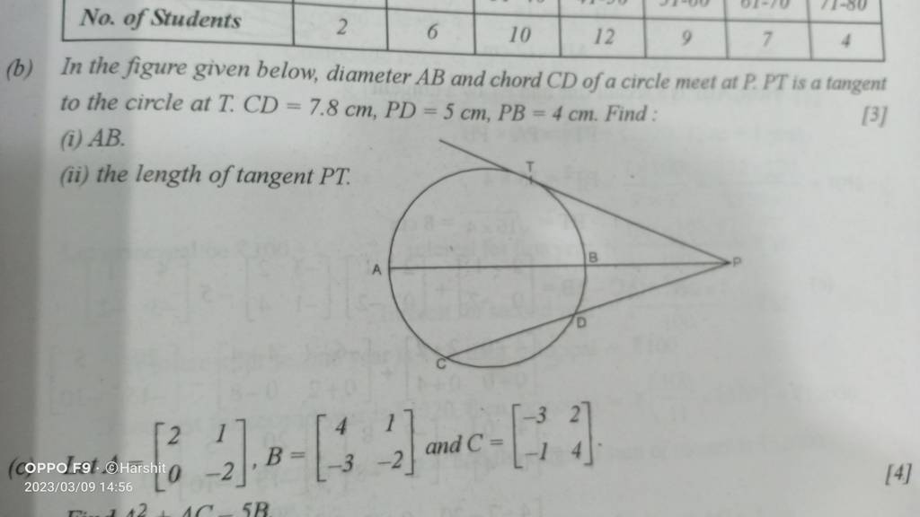 (b) In the figure given below, diameter AB and chord CD of a circle meet