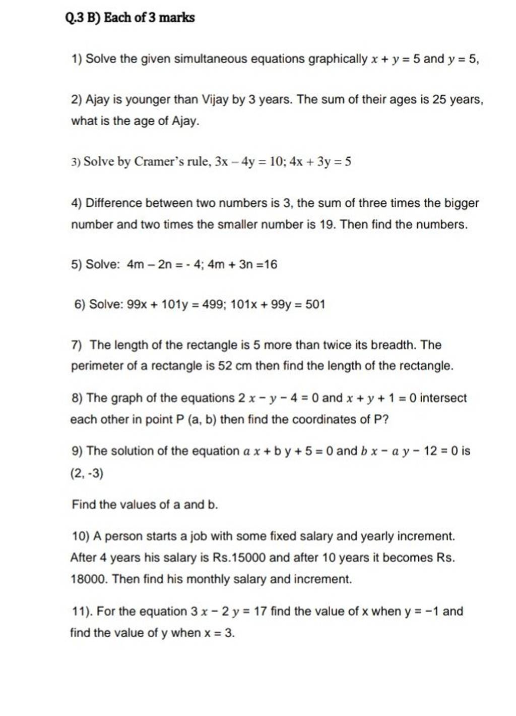 Q.3 B) Each of 3 marks 1) Solve the given simultaneous equations graphica..