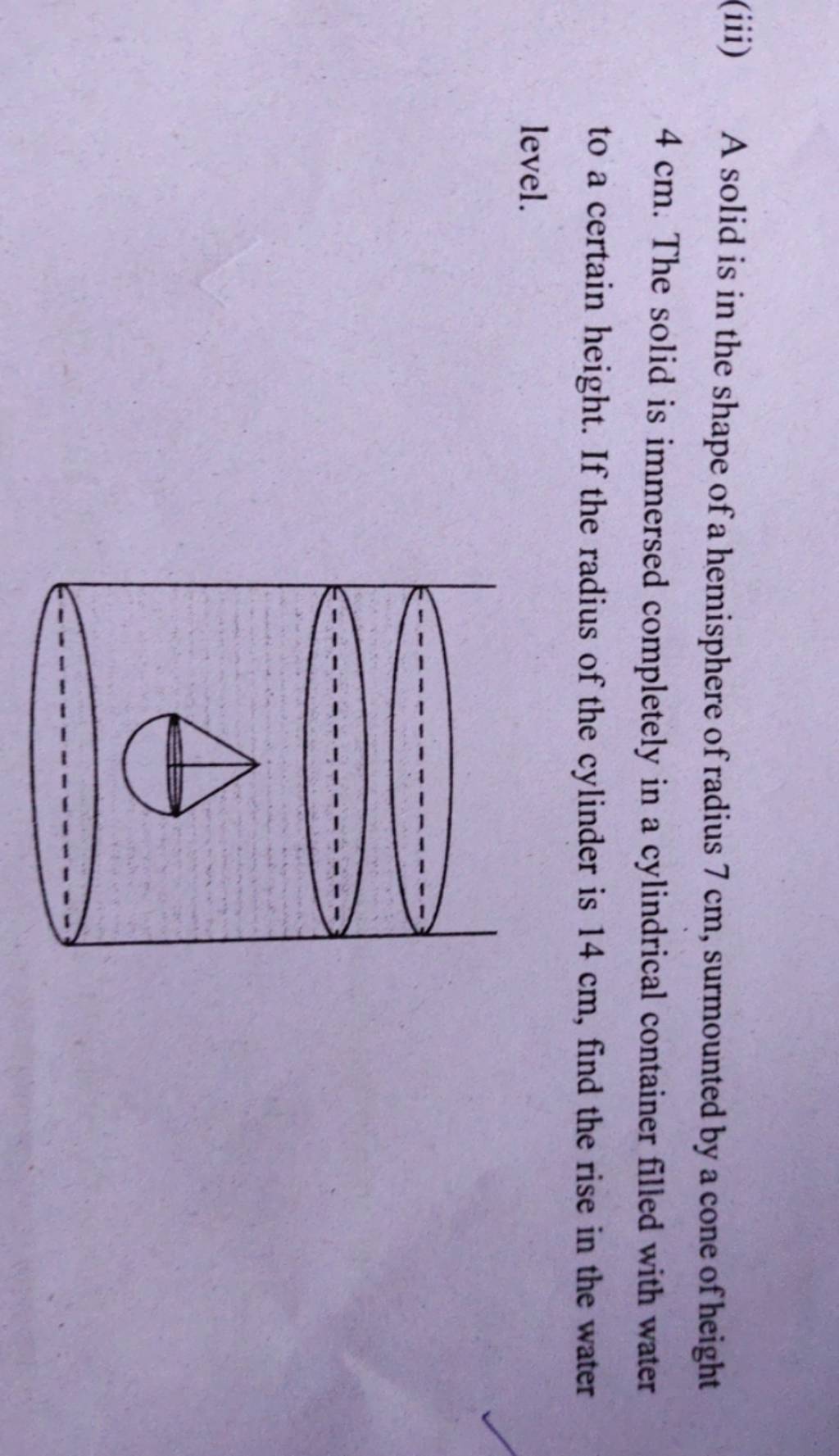 (iii) A solid is in the shape of a hemisphere of radius 7 cm, surmounted