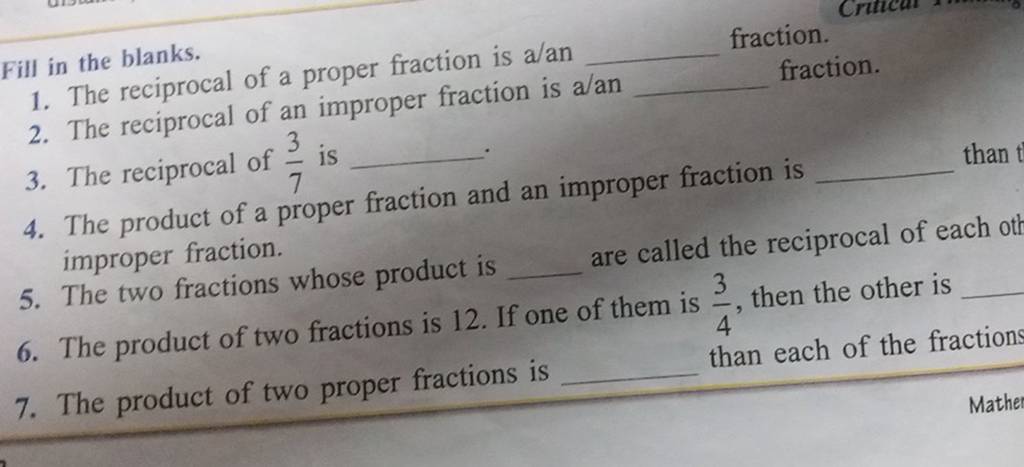 1. The reciprocal of a proper fraction is a/an Fill in the blanks. fracti..