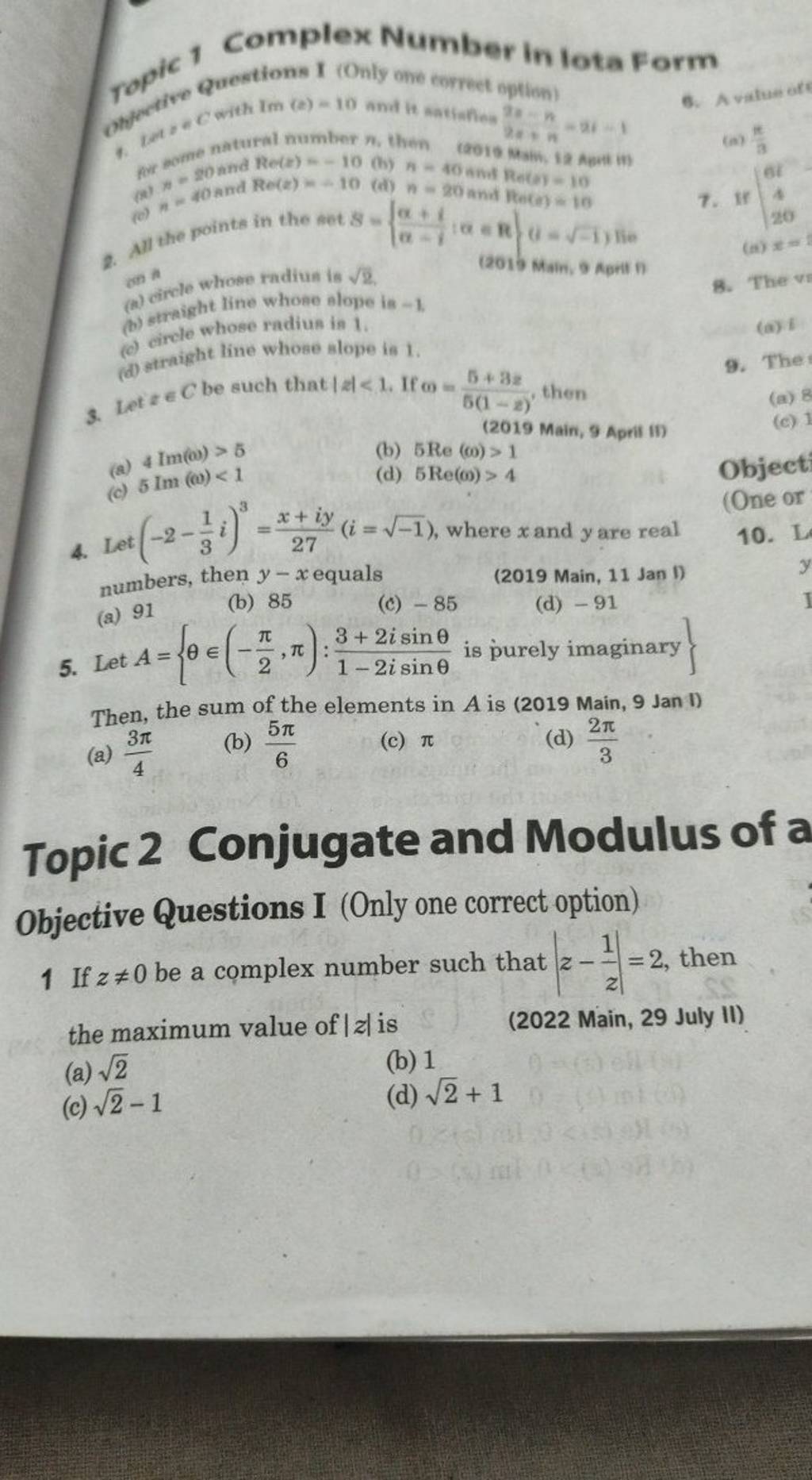 1 complex Number in lota Form 1. the the questions I (Only one torrect op..
