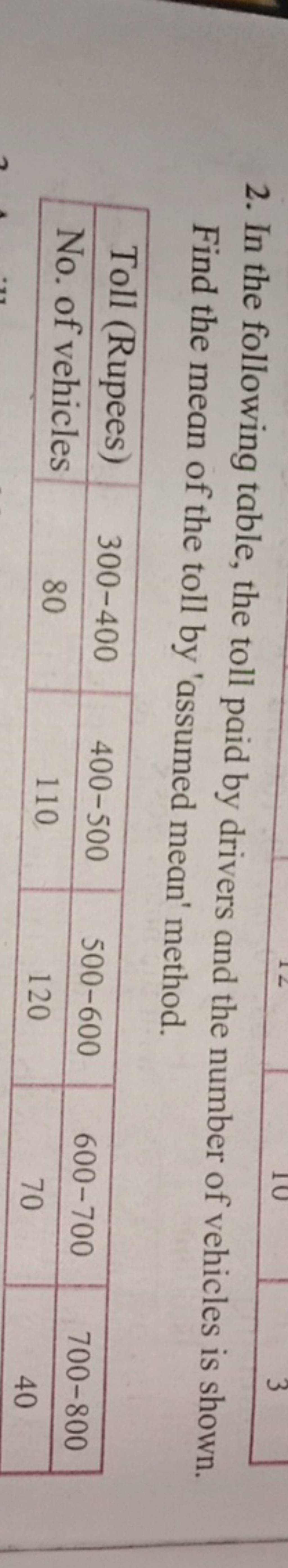 2. In the following table, the toll paid by drivers and the number of veh..