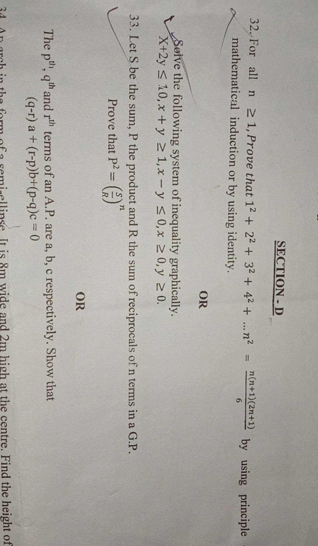 SECTION - D 32. For all n≥1, Prove that 12+22+32+42+…n2=6n(n+1)(2n+1) by..
