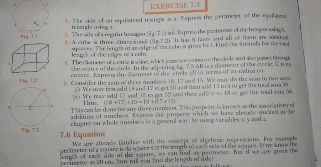 EXERCISE 7.3 1. The side of an equilateral triangle is a. Express the per..