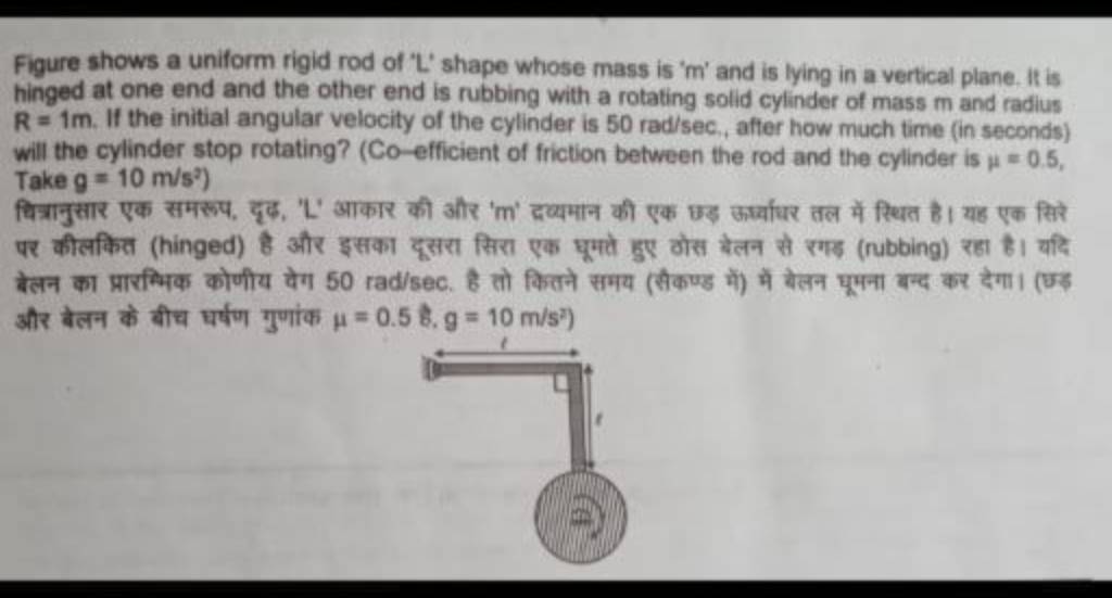 Figure shows a uniform rigid rod of ' L ' shape whose mass is ' m ' and i..