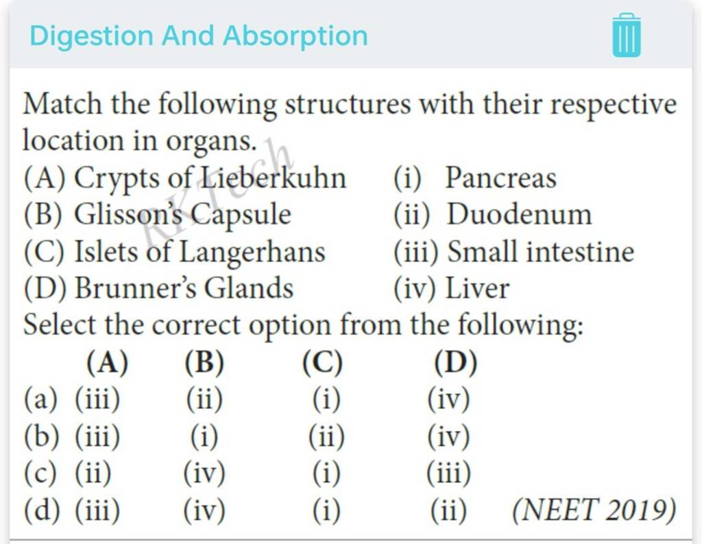 Digestion And Absorption Match the following structures with their respec..