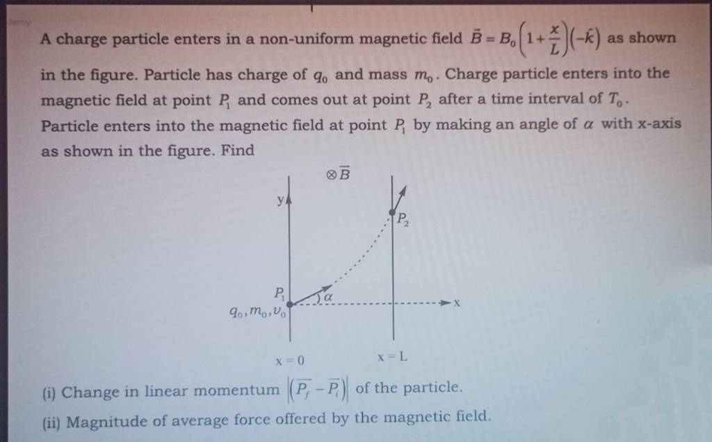 A charge particle enters in a non-uniform magnetic field B=B0 (1+Lx )(−k^..