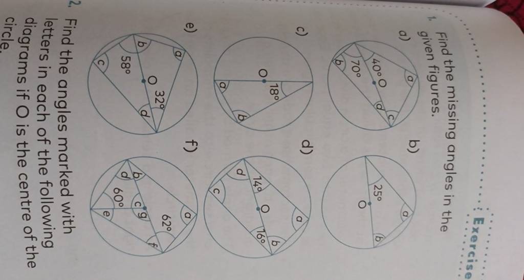 Find the missing angles in the given figures. a) b) d) e) Find the angles..