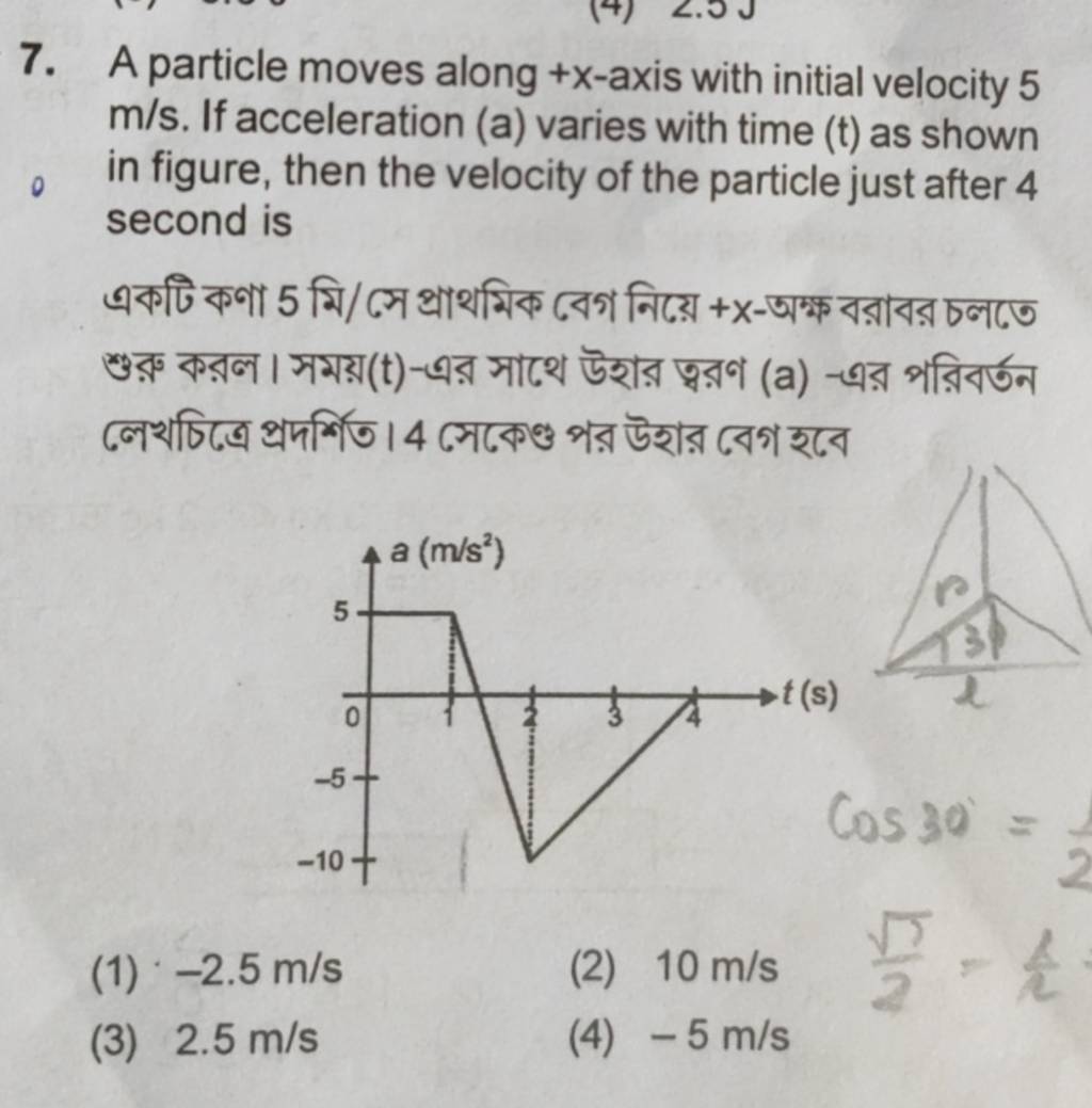 7. A particle moves along +x-axis with initial velocity 5 m/s. If acceler..