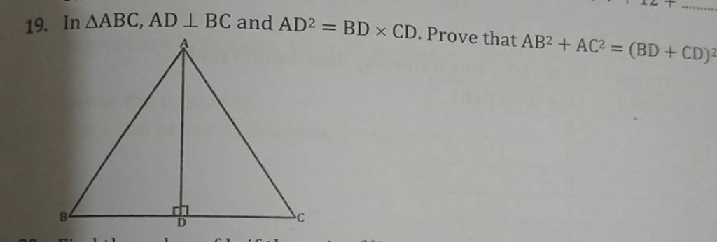 19. In ABC,AD⊥BC and AD2=BD×CD. Prove that AB2+AC2=(BD+CD)2 | Filo