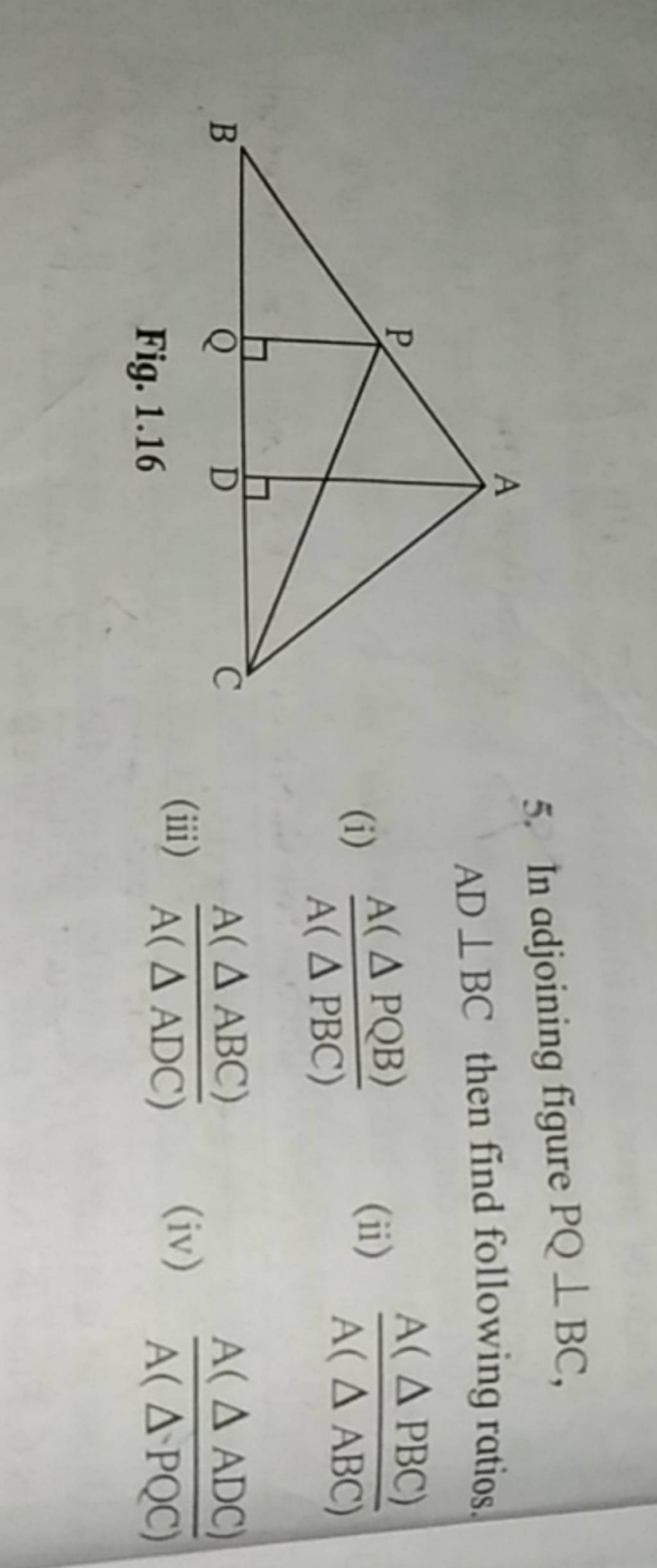 5. In adjoining figure PQ⊥BC, AD⊥BC then find following ratios. (i) A( PB..