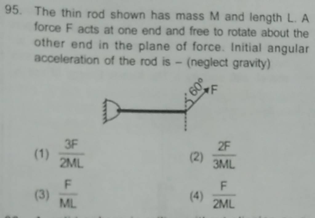 The thin rod shown has mass M and length L. A force F acts at one end and..