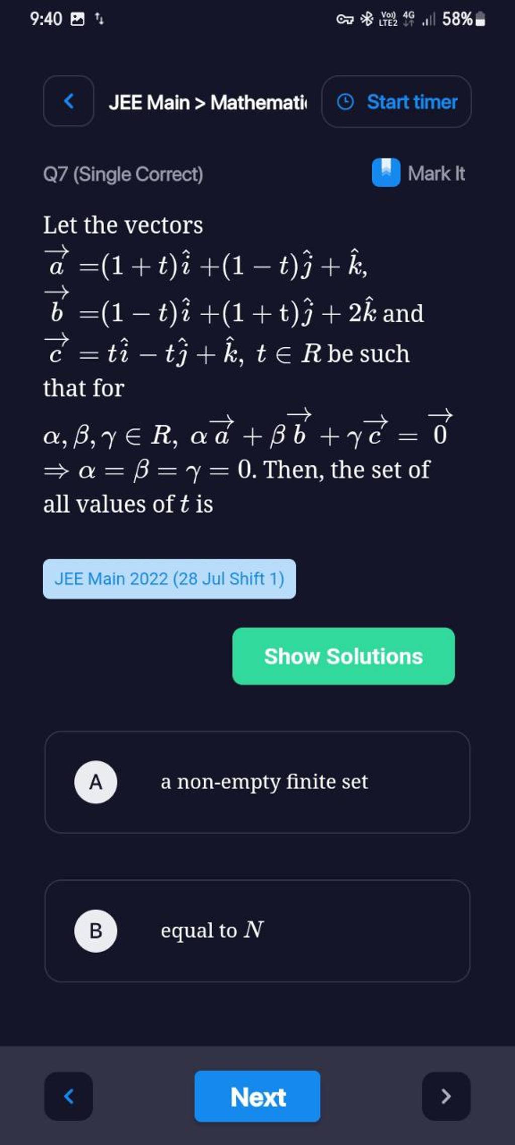 Q7 (Single Correct) 草 Mark lt Let the vectors a=(1+t)i^+(1−t)j^ +k^,b=(1−..