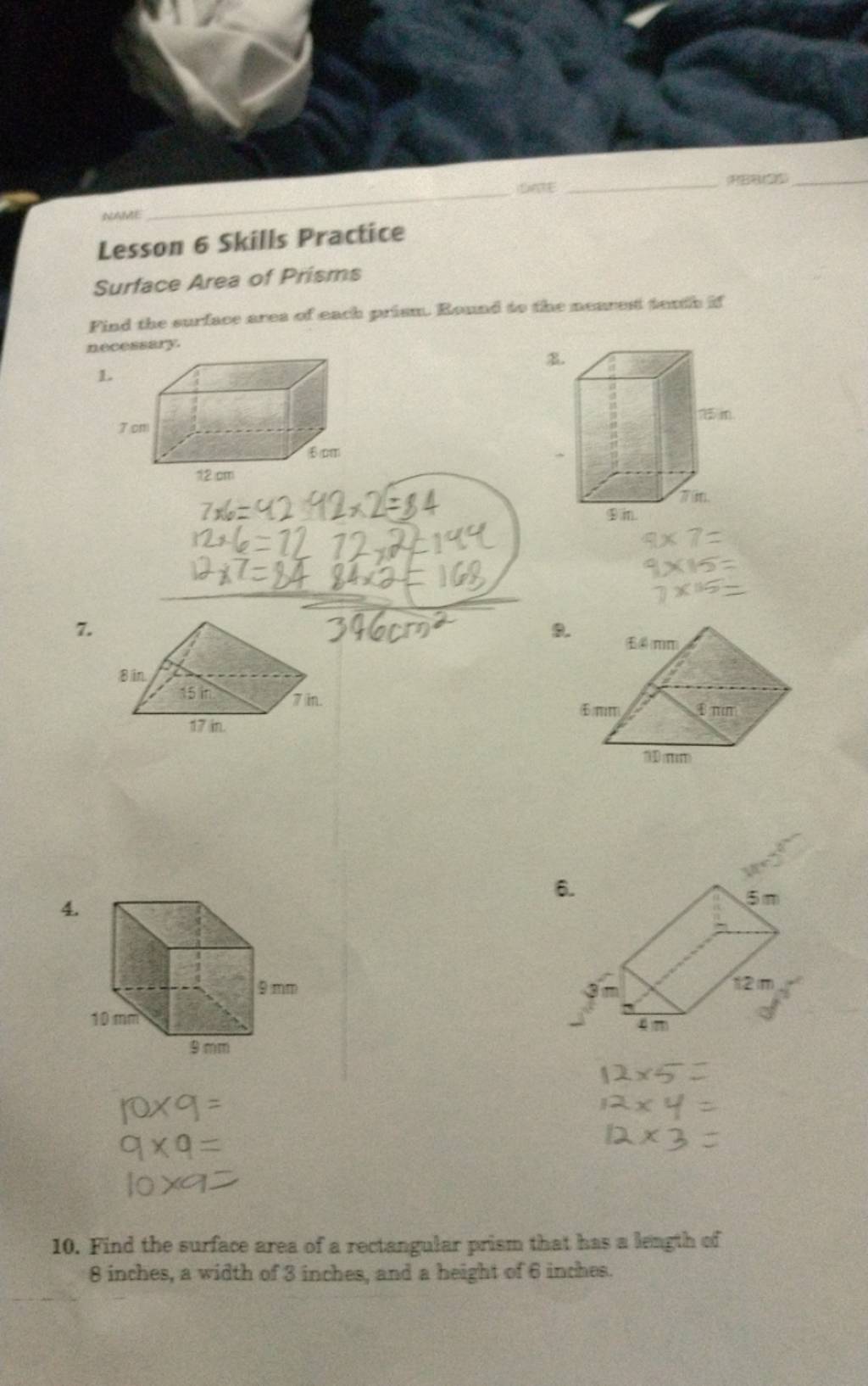 Lesson 6 Skills PracticeSurface Area of PrismsFind the surface area of ea..