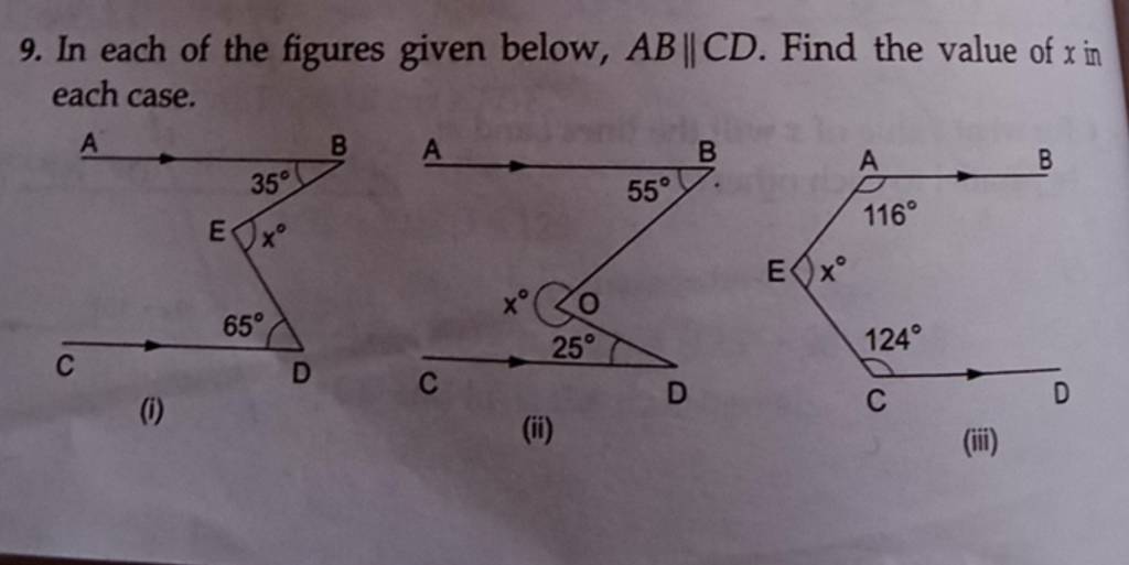 9. In each of the figures given below, AB∥CD. Find the value of x in each..