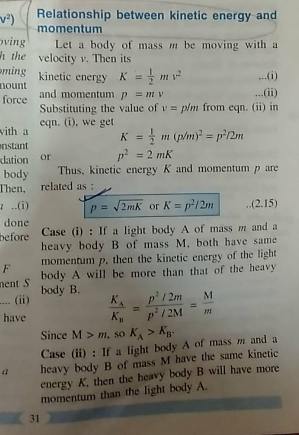 Relationship Between Kinetic Energy And Momentum Let A Body Of Mass M Be
